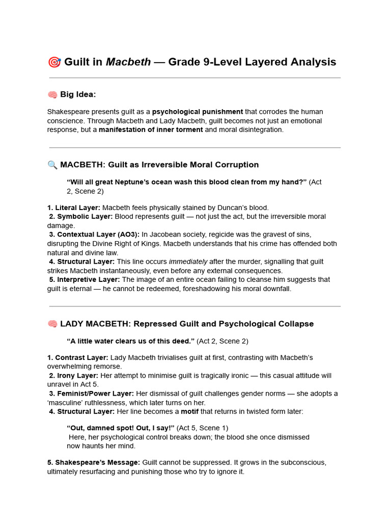 AQA GCSE English Lit - Guilt in Macbeth - Grade 9 Layered Analysis ...