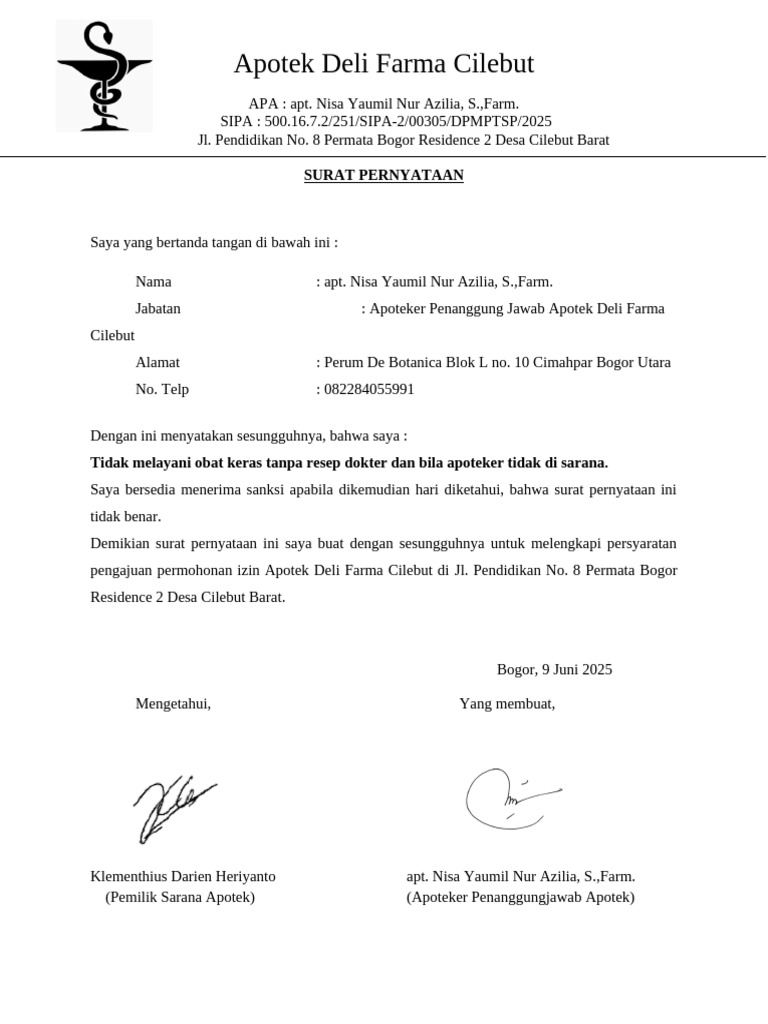 Surat Pernyataan Tidak Melayani Obat Keras Tanpa Resep Dokter Dan Bila