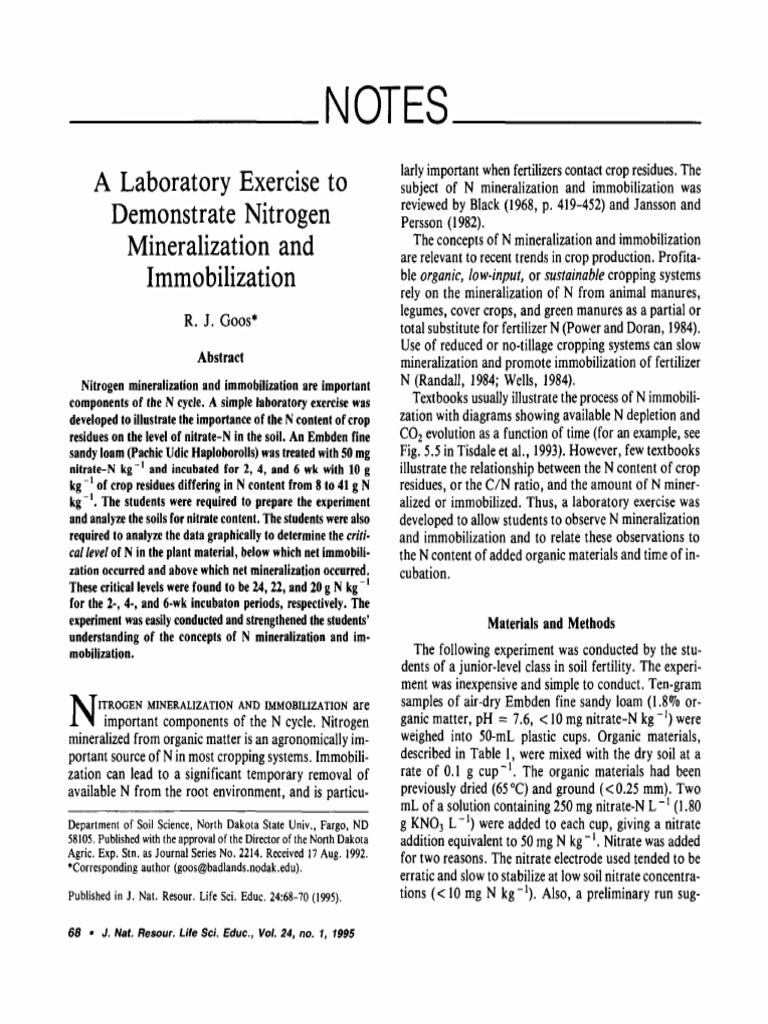 A Laboratory Exercise To Demonstrate Nitrogen Mineralization and ...