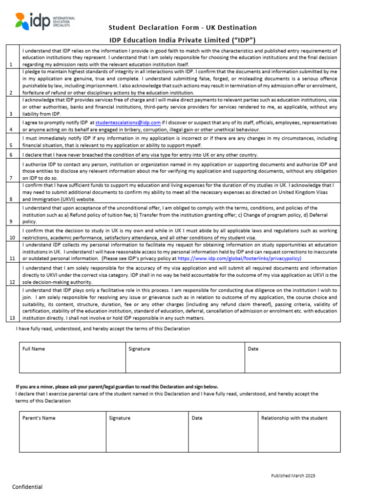 Version March 2025 - Student Declaration UK | PDF | Travel Visa ...