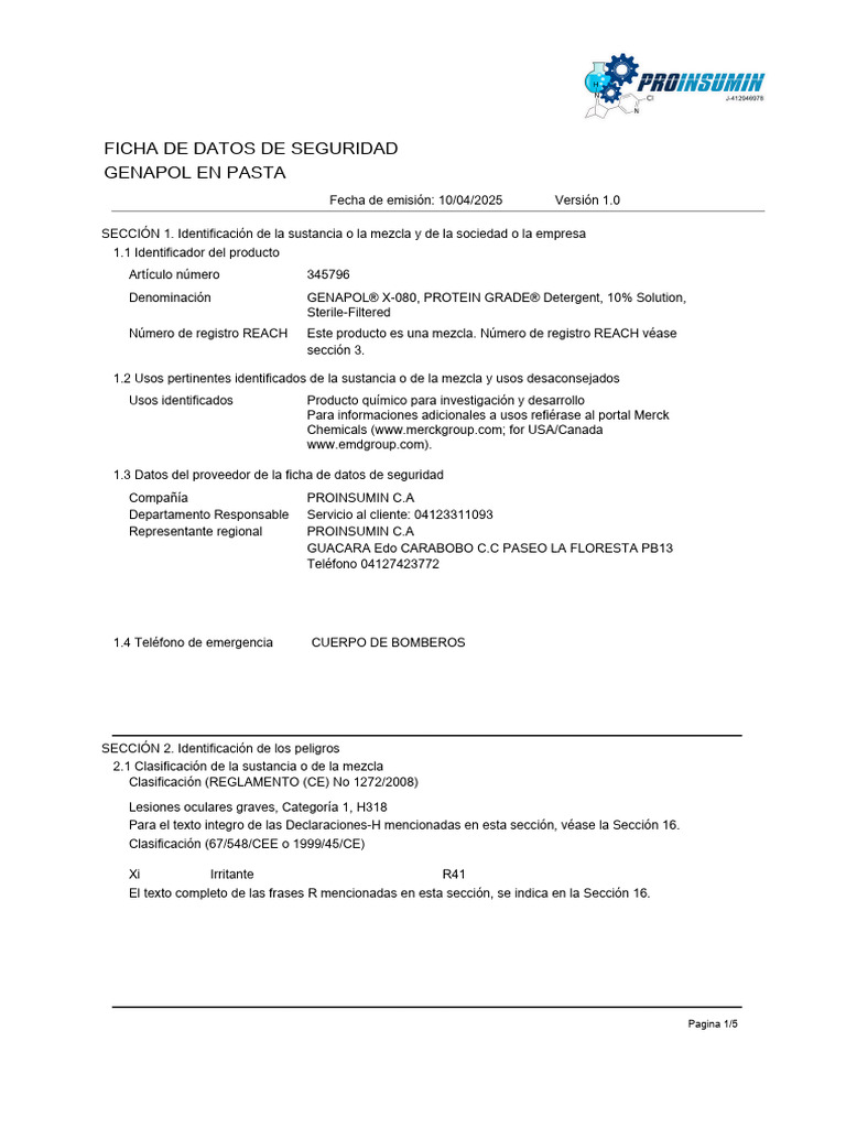 Ficha de Datos de Seguridad GENAPOL 10% | PDF | Química