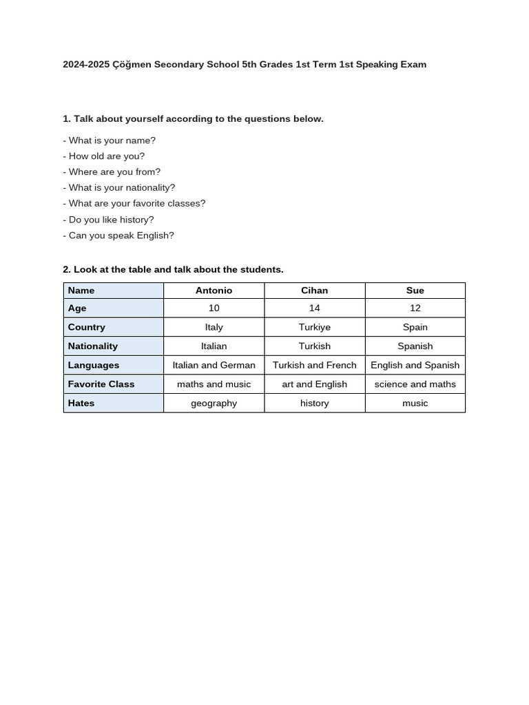 Sınıf Speaking Exam | PDF