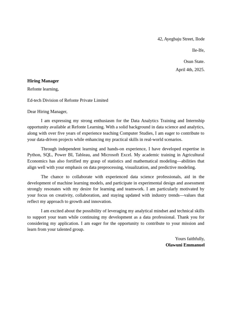 Cover Letter - Refonte Learning - Olawuni Emmanuel | PDF