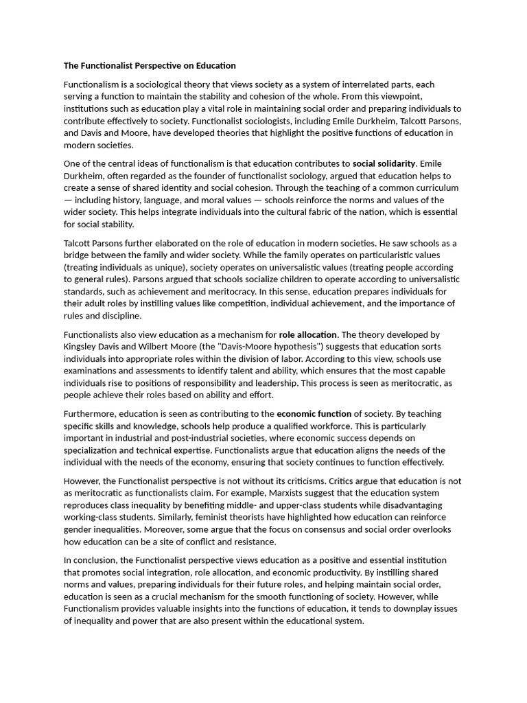 The Functionalist Perspective On Education | PDF | Society | Sociology
