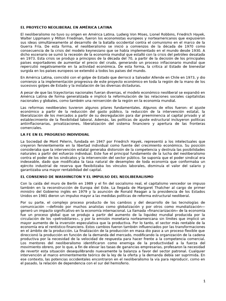 El Proyecto Neoliberal en América Latina | PDF | Neoliberalismo | Consenso de Washington