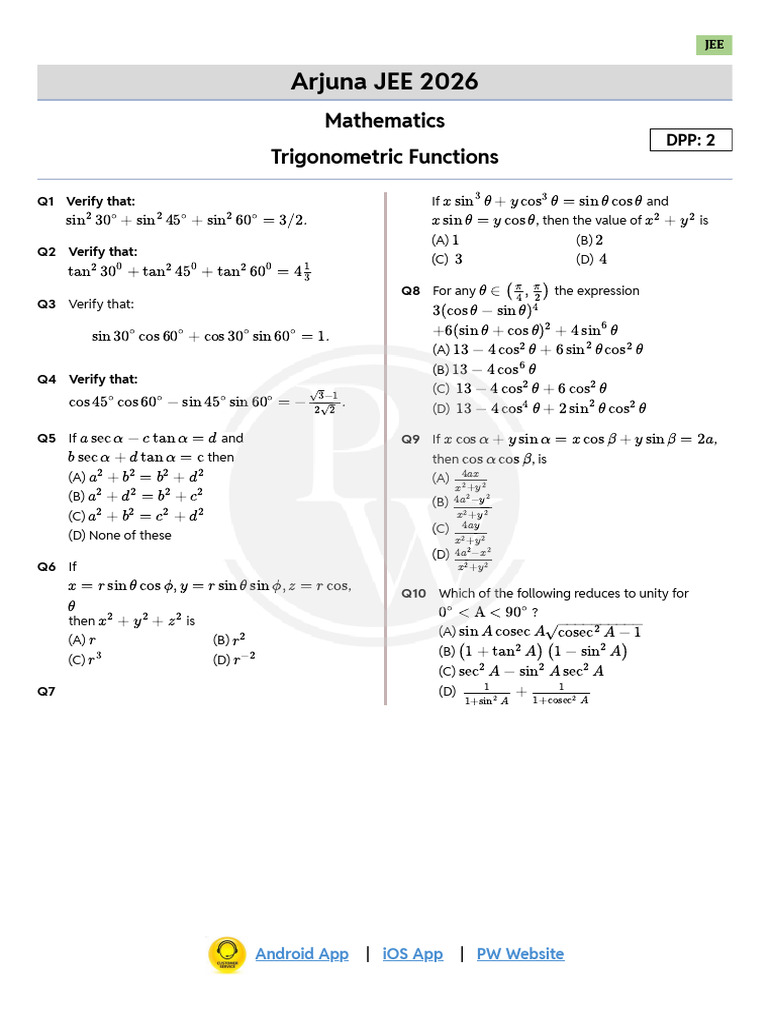 Trigonometric Functions - DPP 02 (Of Lec 03) | PDF | Functions And Mappings | Rotation
