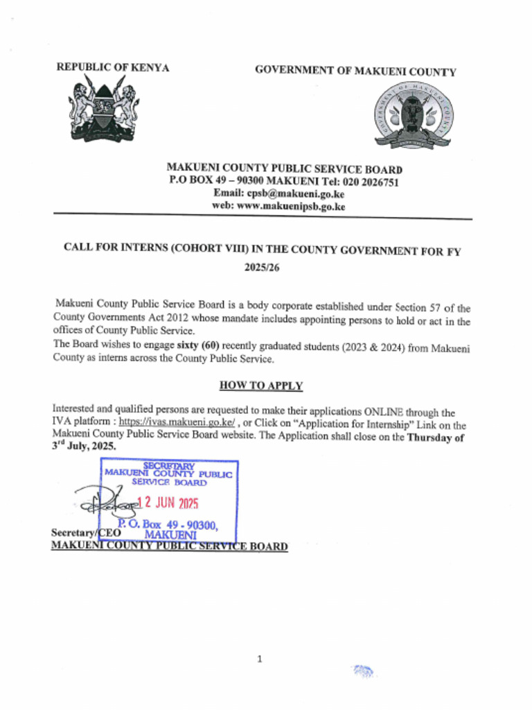 Call For Interns Inthe County Government For FY 202526 Closing 3.07. ...