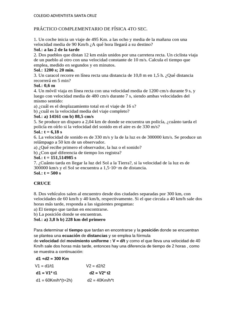 Práctico Complementario de Física 4to Sec | PDF | Velocidad | Ecuaciones
