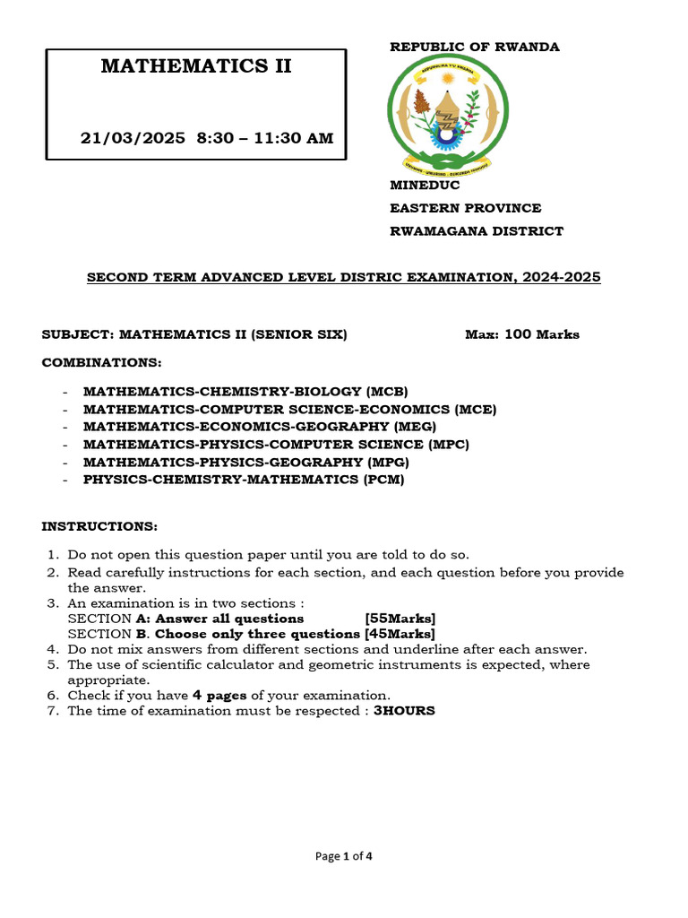 s6 Core Mathematics Term II Exam 2024-2025 | PDF | Mathematical Analysis | Mathematical Physics