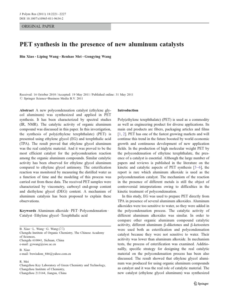 PET Synthesis in The Presence of New Aluminum Catalysts | PDF ...