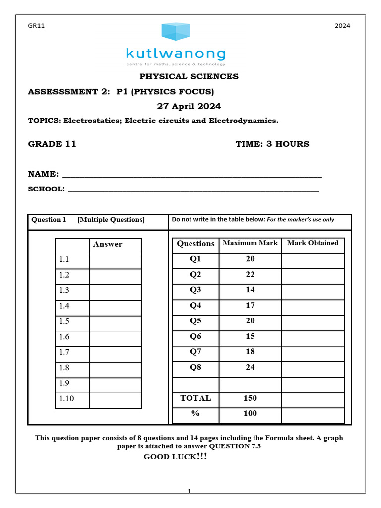 Grade 11 Physics Assessment: Electrostatics & Circuits | PDF | Inductor ...