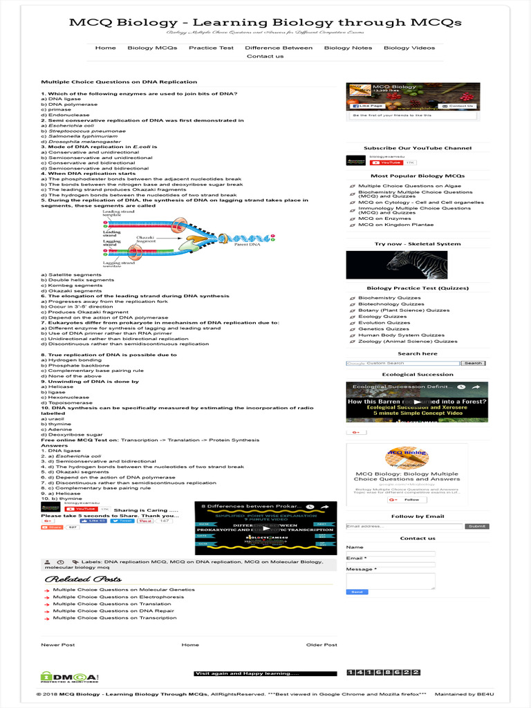 Multiple Choice Questions On DNA Replication - MCQ Biology - Learning ...