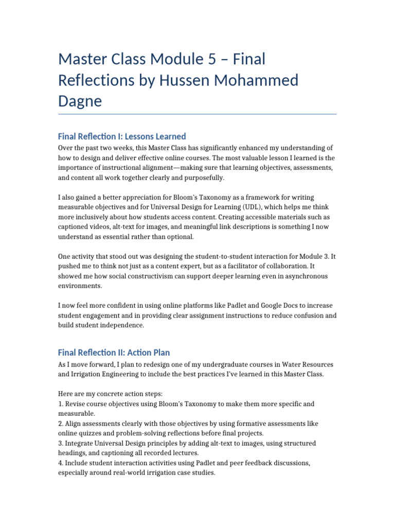 Module 5 Final Reflections Hussen Mohammed Dagne | PDF | Educational ...