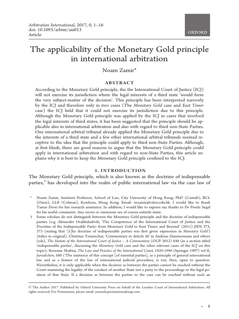 The Applicability of The Monetary Gold Principle in International ...