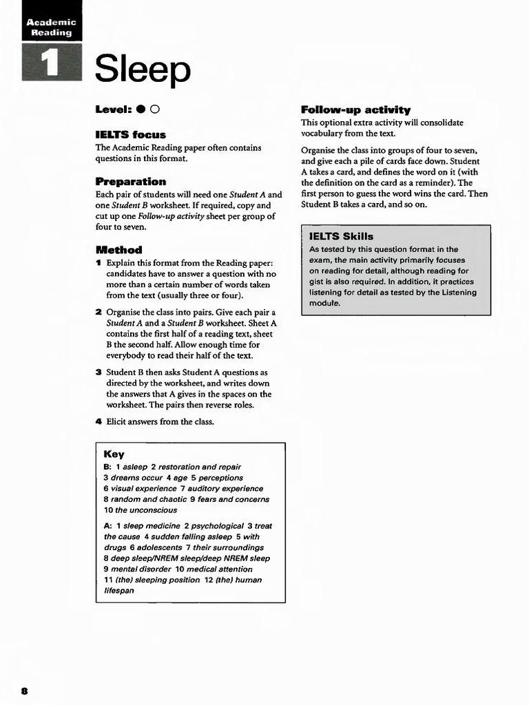 (1.) Short-Answer Questions - ''Sleep'' (From ''IELTS Resource Pack ...
