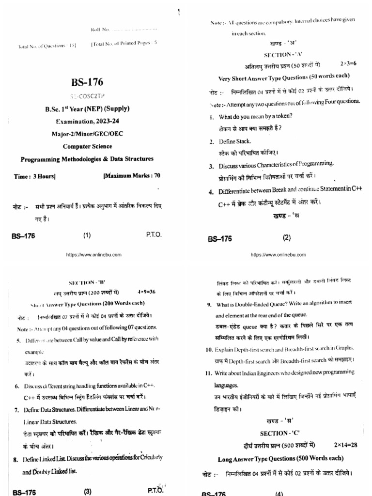 BSC 1 Year Computer Science Programming Methodologies and Ds Bs 176 2024 | PDF