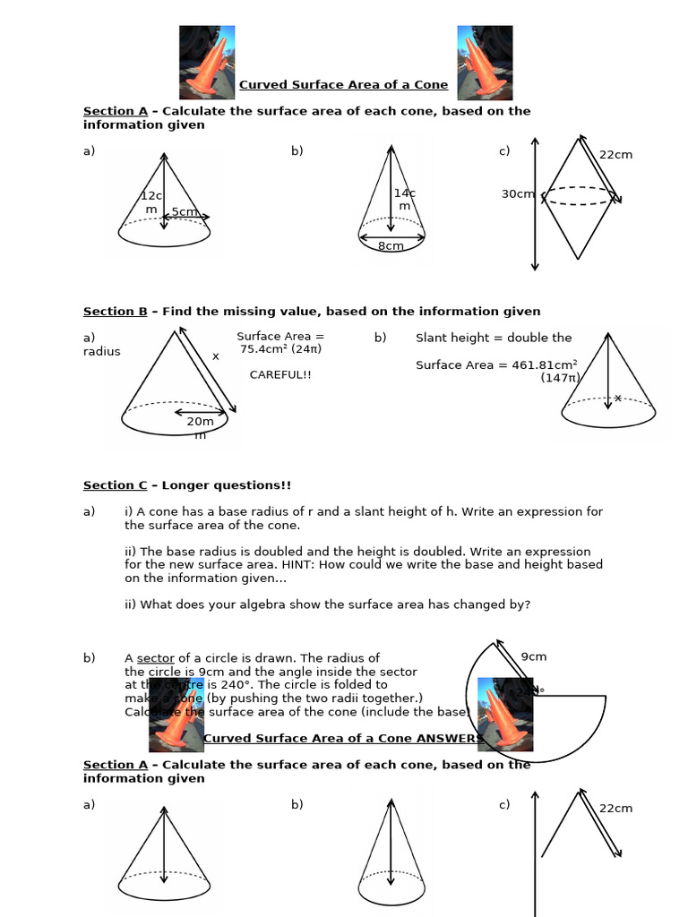 Curved Surface Area of a Cone Calculations | PDF | Area | Classical ...