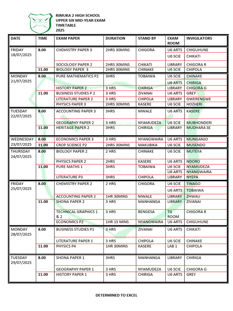 U6 Mid Year Exam Timetable 2025 | PDF | Science