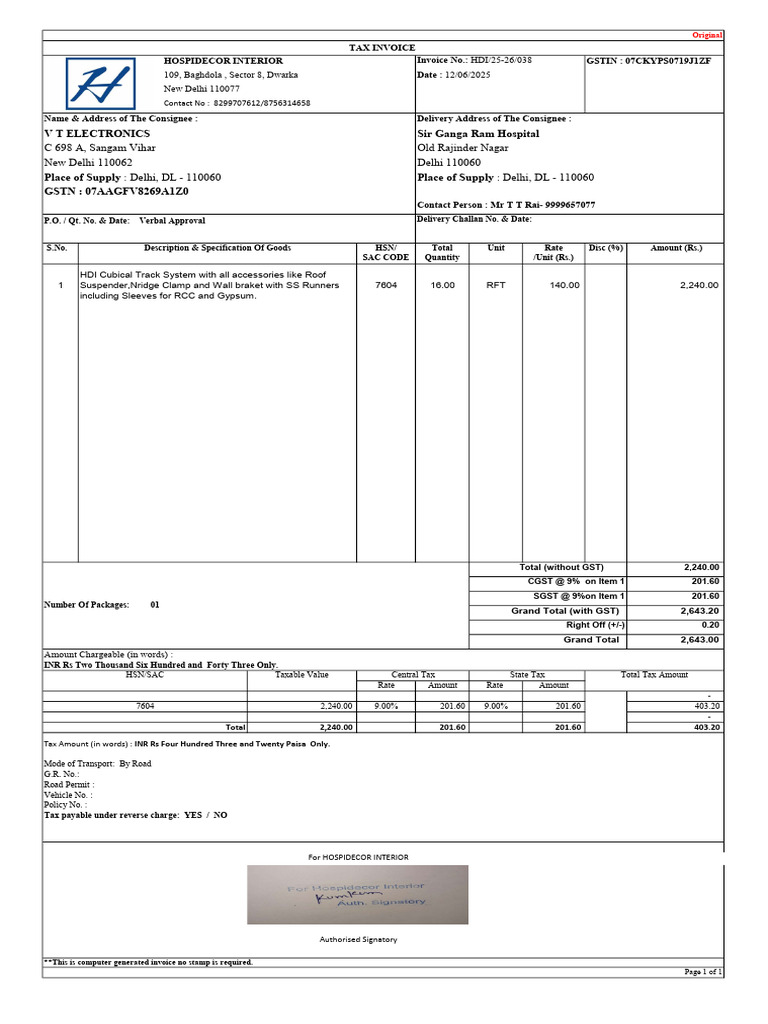 Sir Ganga Ram Hospital Invoice Details | PDF | Invoice | Taxes