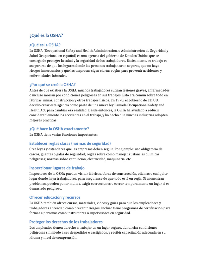 Definición y funciones de la OSHA | PDF | Administración de Seguridad y ...