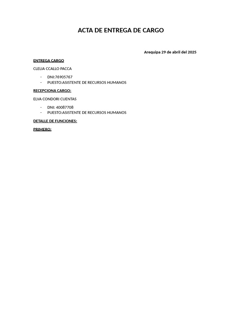 Acta de Entrega de Cargo HR Arequipa | PDF