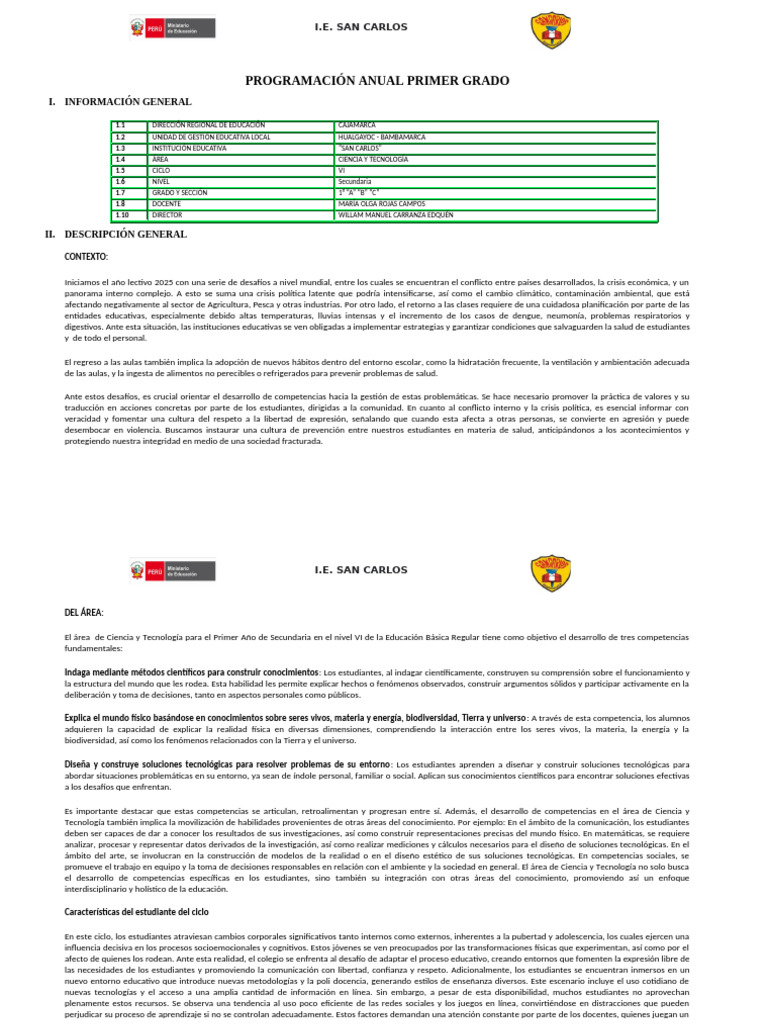 Programación Anual 2025 CyT - PRIMER GRADO | PDF | Aprendizaje | Enseñando