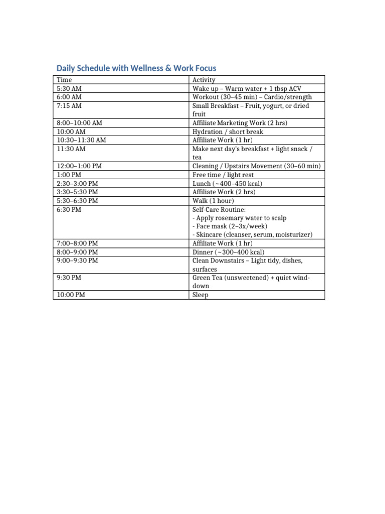 Daily Schedule With Wellness and Work | PDF