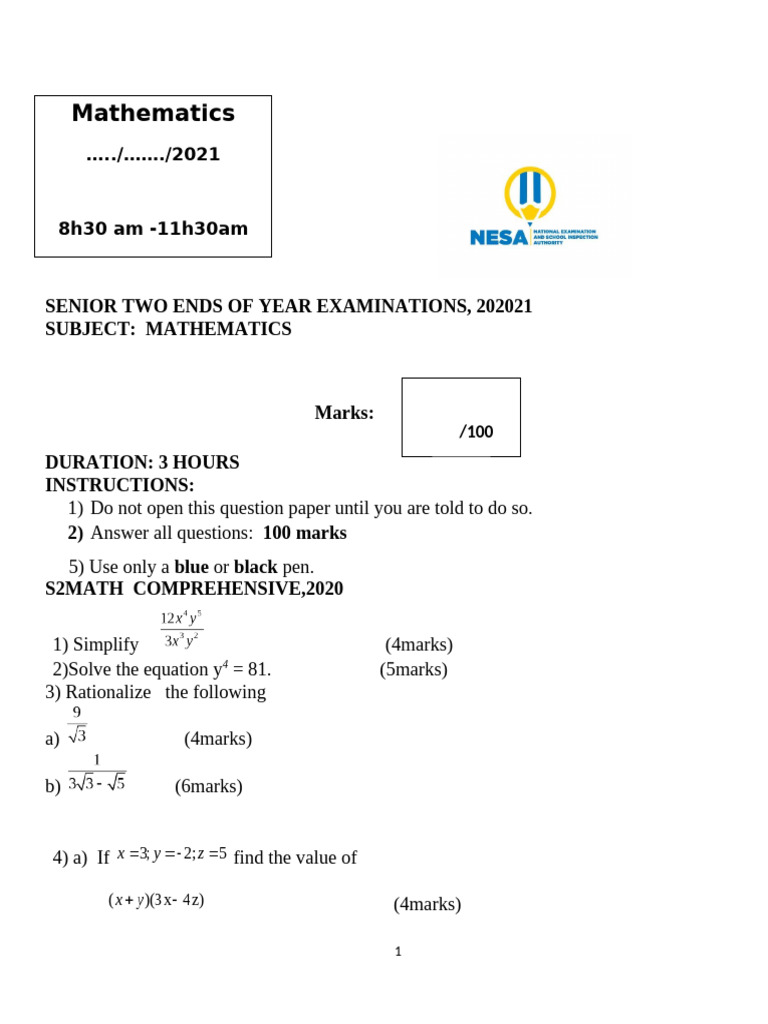 Mathematics Examination s2 | PDF | Equations | Applied Mathematics