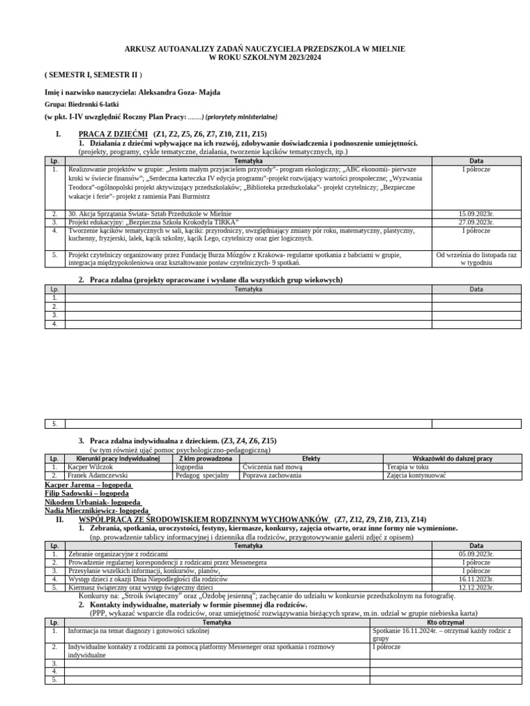 Arkusz Autoanalizy Zadań Nauczyciela | PDF