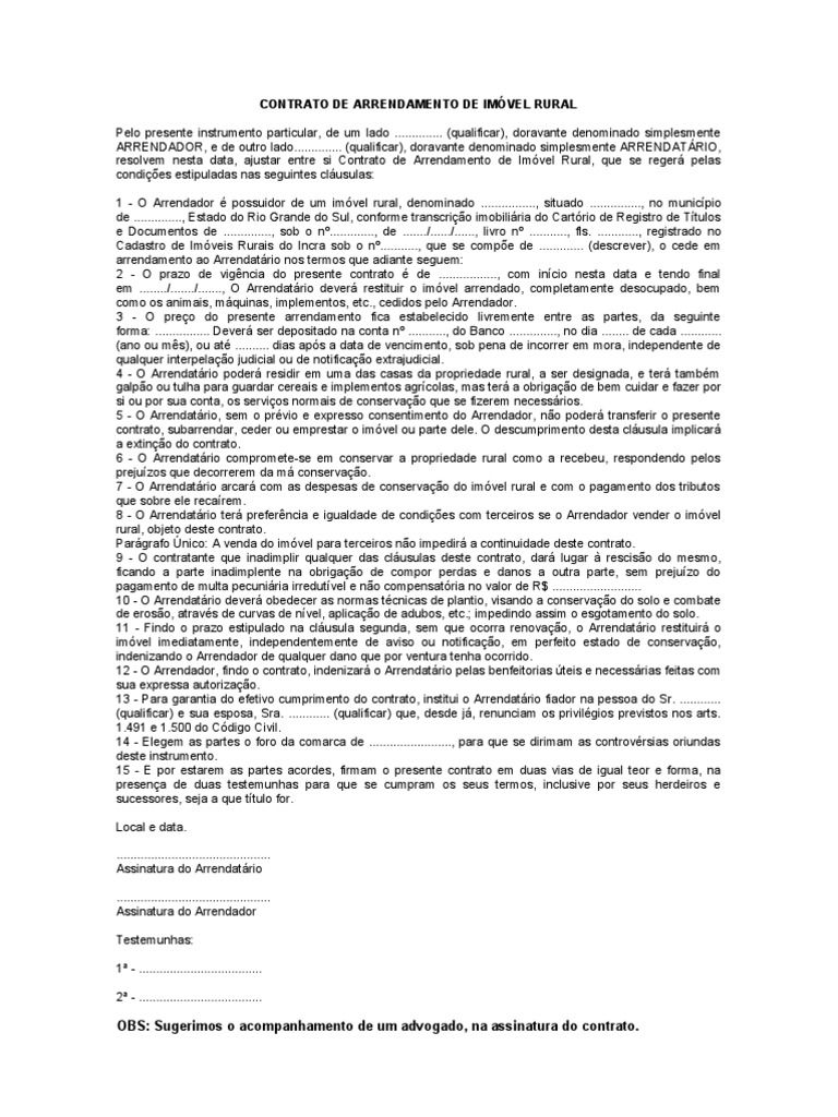 Modelo Contrato De Arrendamento De Imóvel Rural