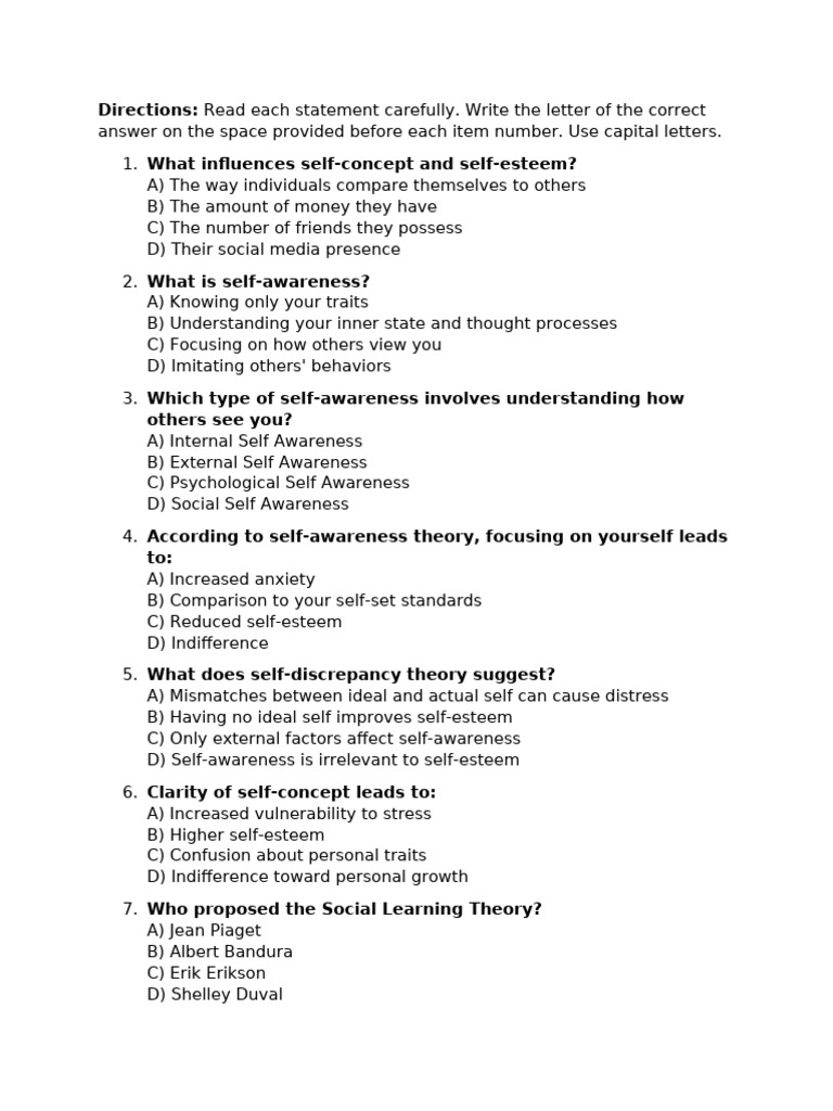 Self-Concept and Mental Health Quiz | PDF | Self Esteem | Self Awareness