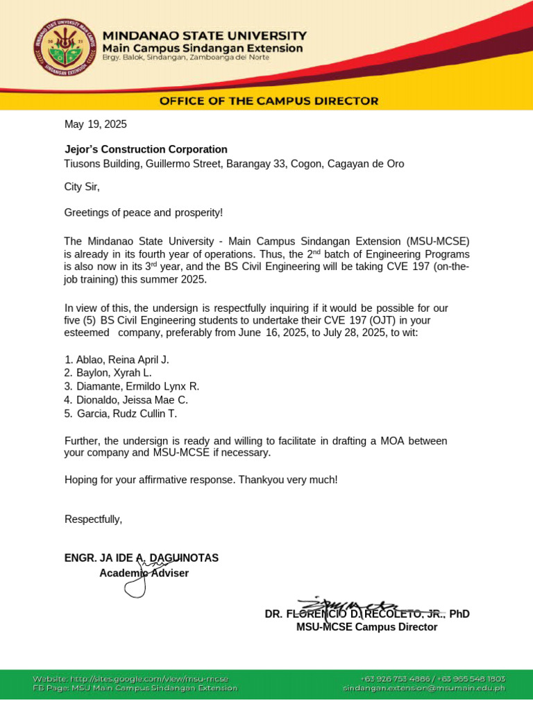 Civil Eng. Ojt Application Letter Cdo | PDF
