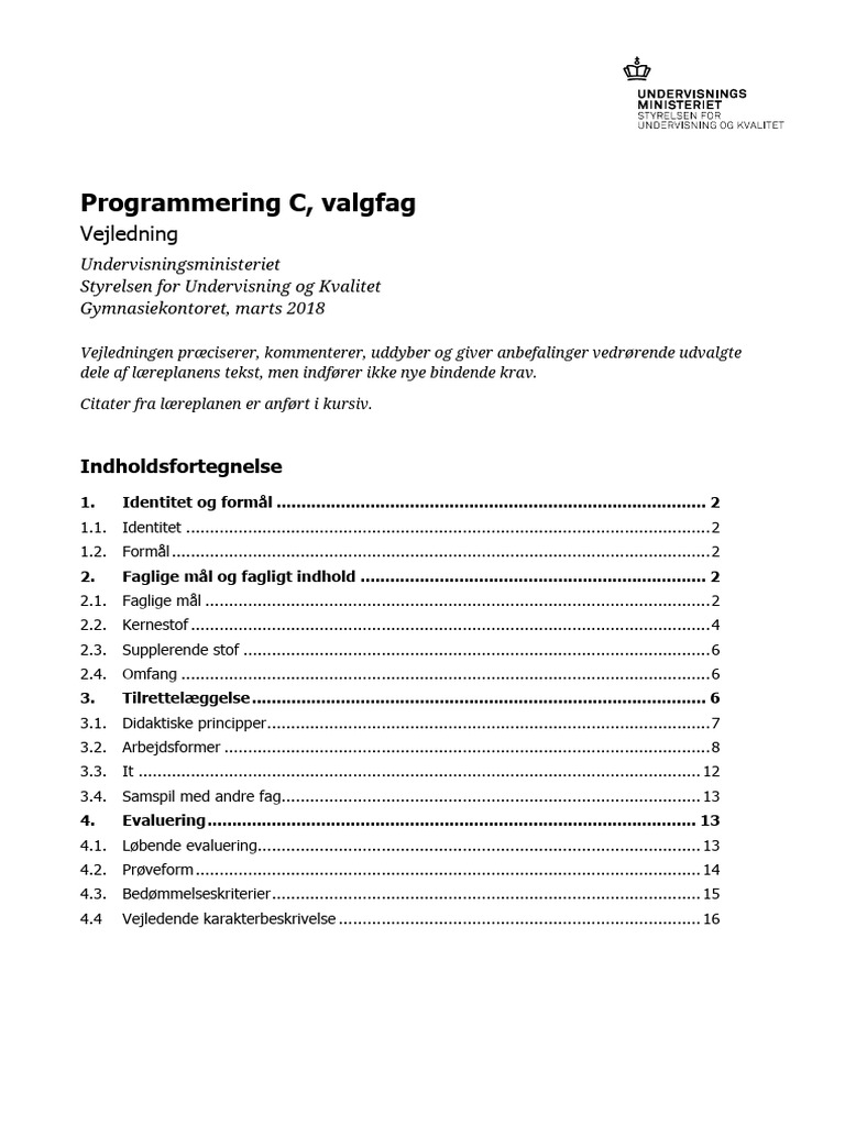 Programmering C Valgfag Vejledning 2017 | PDF