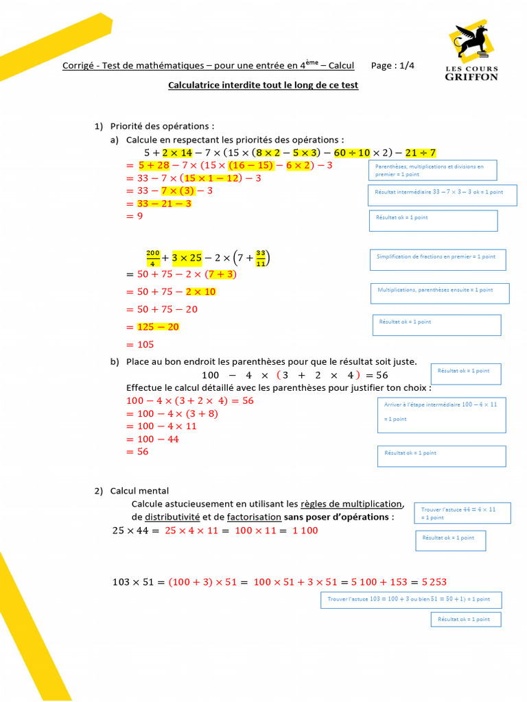 Corrigé Test Maths 4ème - Calculs | PDF | Algèbre | Arithmétique