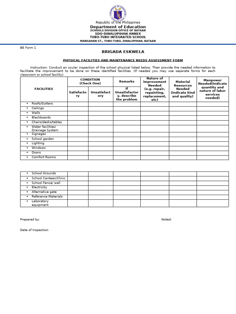 Be Form 1 Physical Facilities and Maintenance Needs Assessment Form | PDF