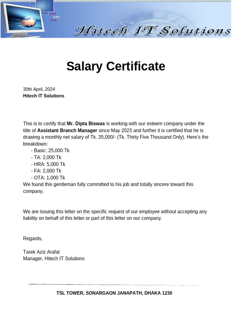 Assistant Branch Manager Salary Certificate | PDF