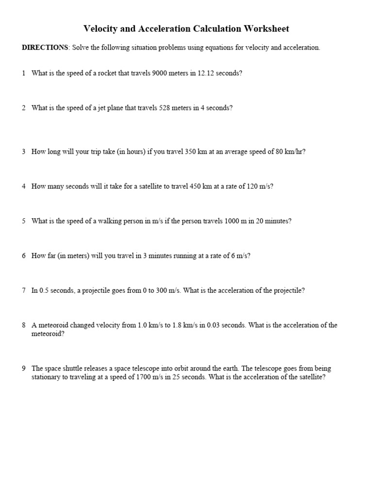 Velocity and Acceleration Problems Worksheet | PDF