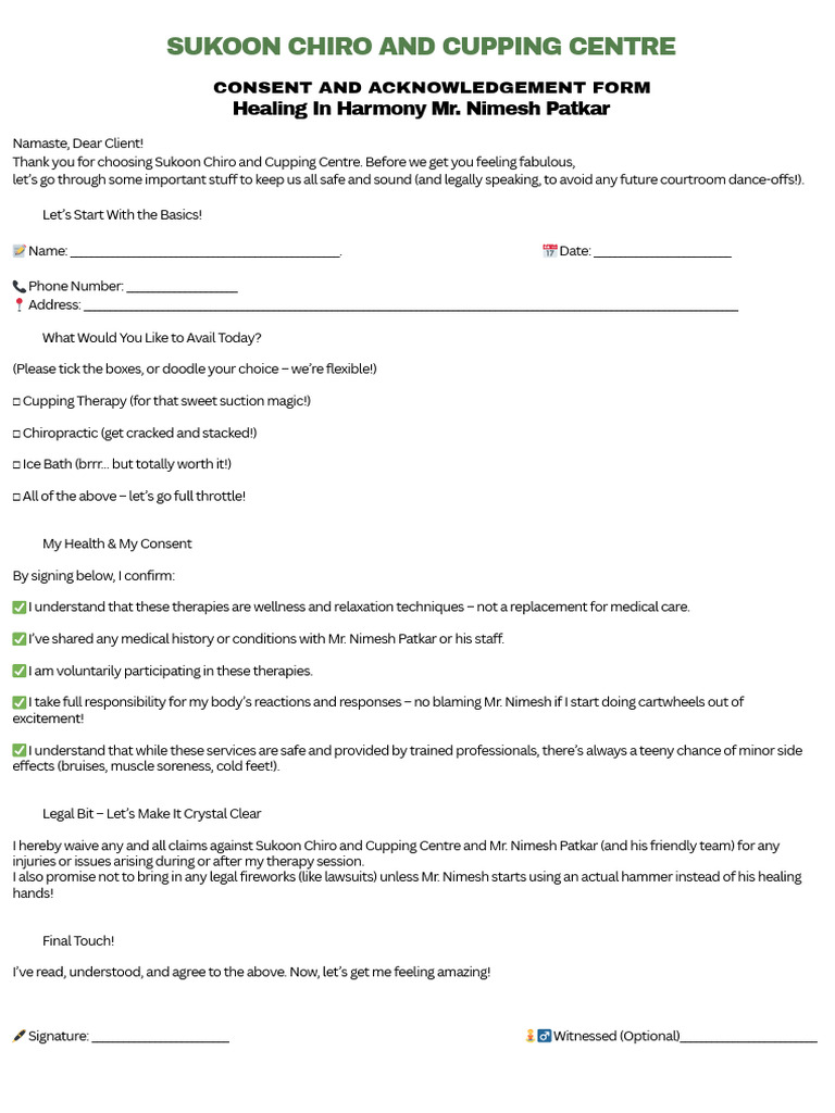 Consent and Acknowledgement Form Sukoon Chiro and Cupping Centre ...