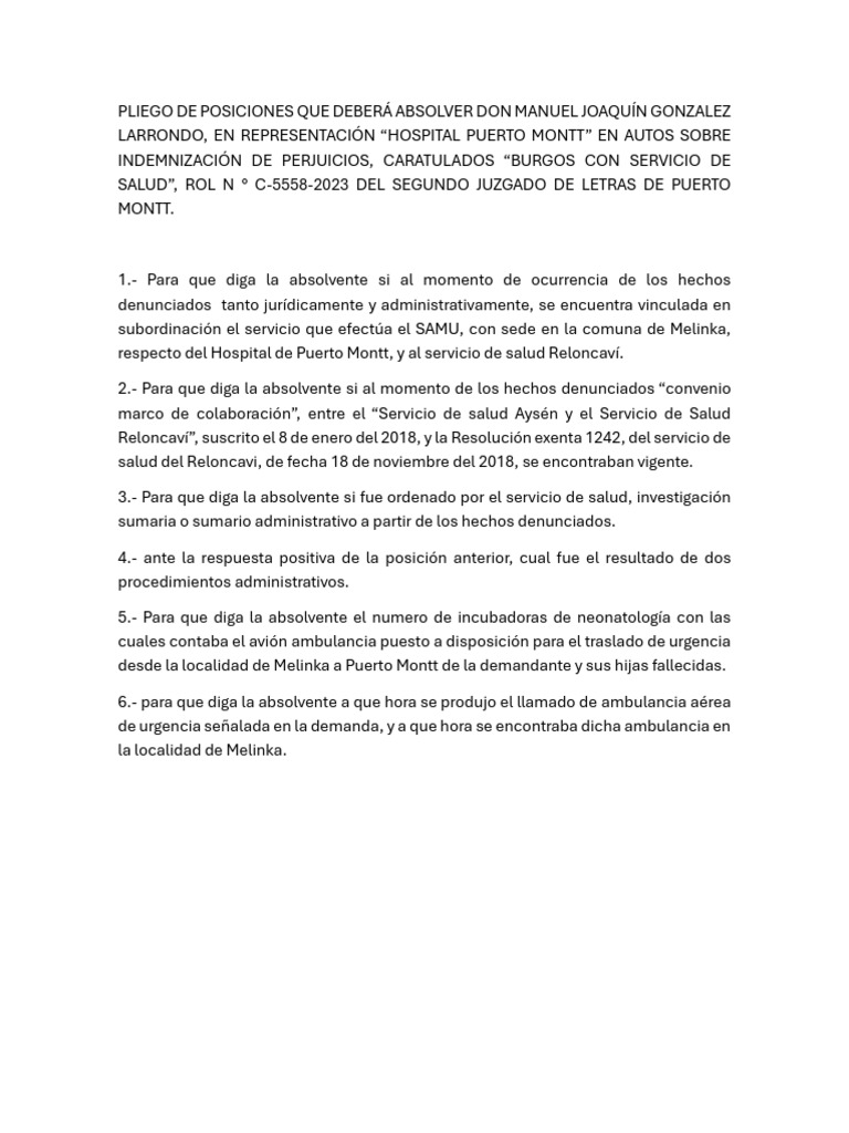 Pliego de Posiciones Que Deberá Absolver Don Manuel Joaquín Gonzalez Larrondo | PDF