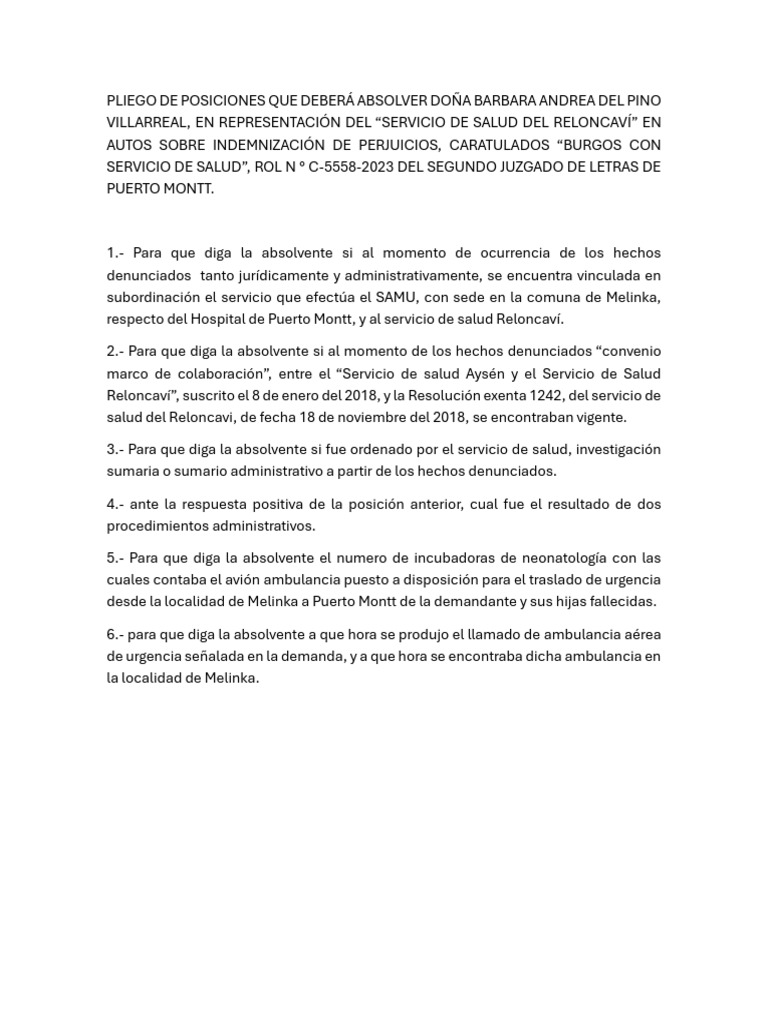 Pliego de Posiciones Que Deberá Absolver Doña Barbara Andrea Del Pino Villarreal | PDF