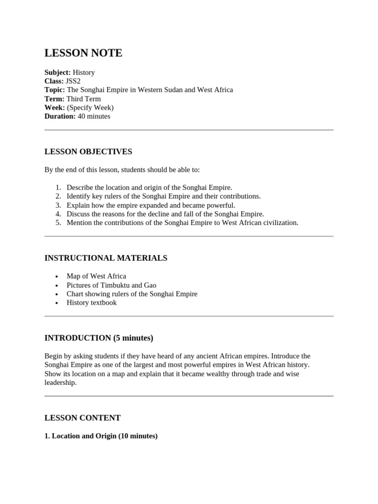 Jss2 Lesson Note Songhia Empire | PDF | Africa