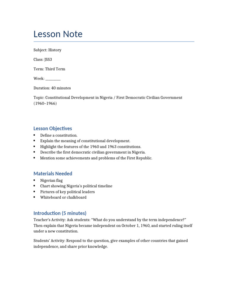 JSS3 History Constitutional Development Lesson Note | PDF | Government ...