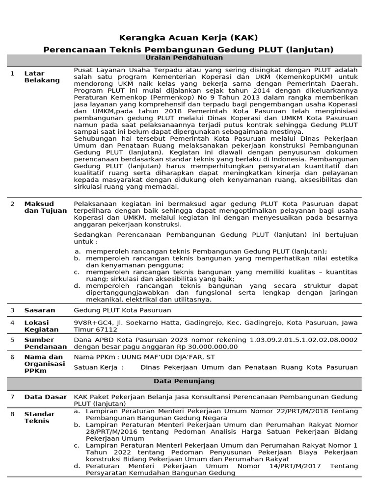 Rencana Pembangunan Gedung PLUT Pasuruan | PDF