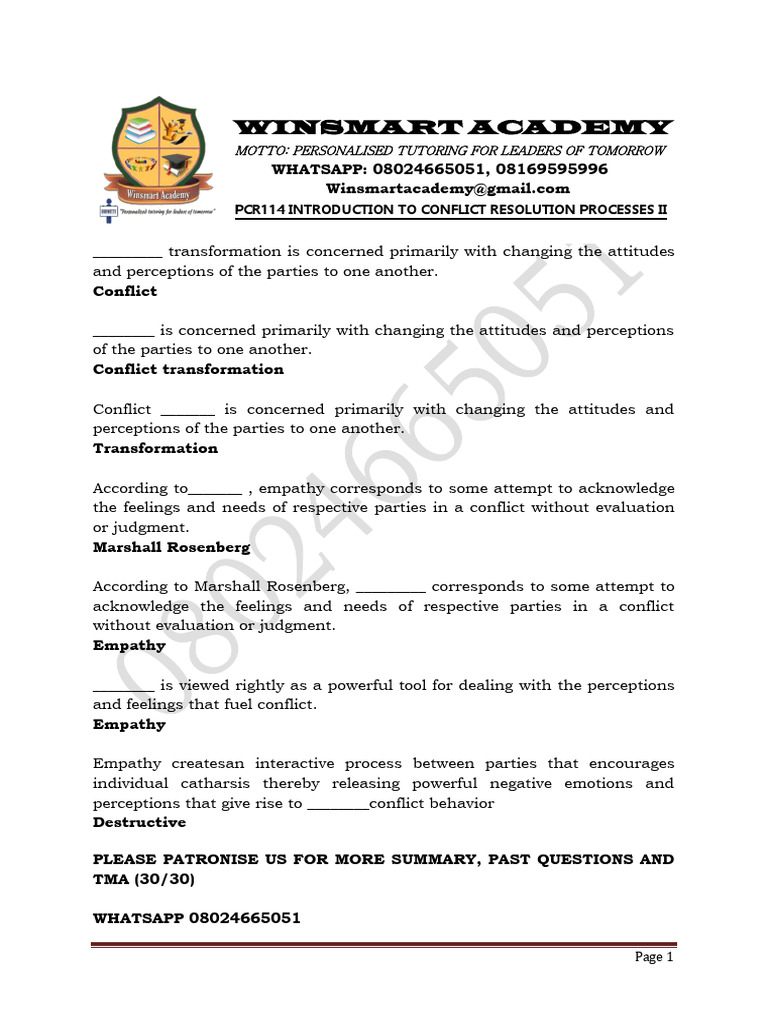 Pcr114 Introduction To Conflict Resolution Processes II Summary | PDF ...