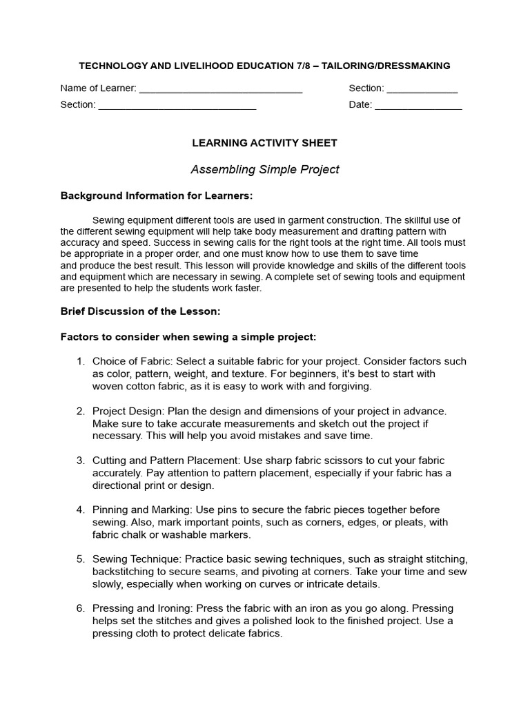 TLE-Assembling Simple Project | PDF | Sewing | Textiles