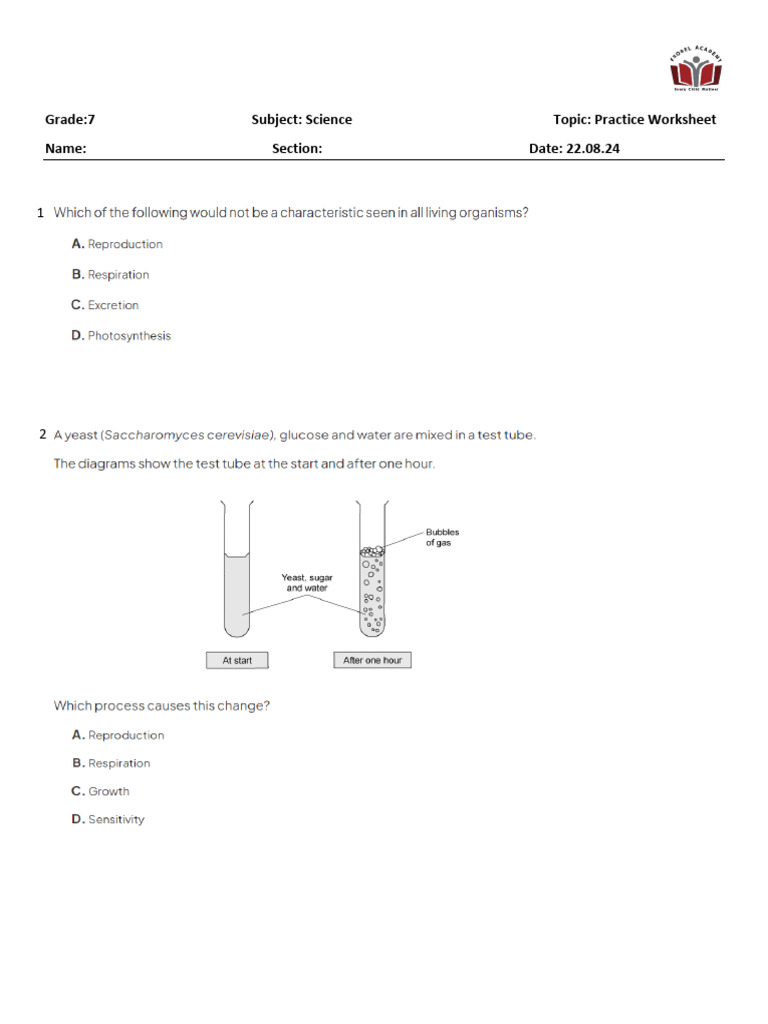 Grade:7 Subject: Science Topic: Practice Worksheet Name: Section: Date ...