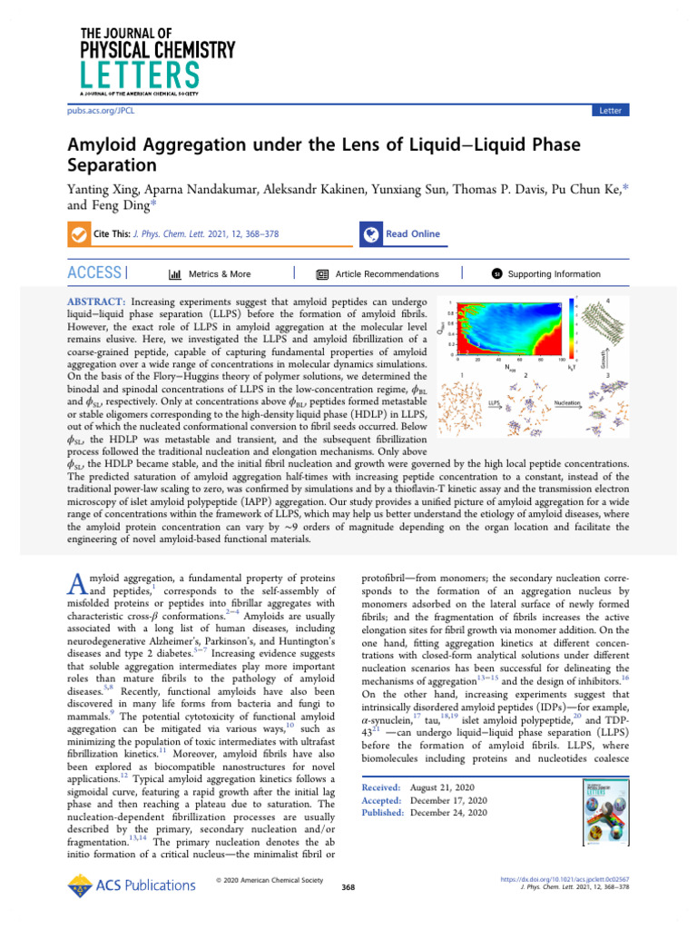 Xing Et Al 2020 Amyloid Aggregation Under The Lens of Liquid Liquid ...