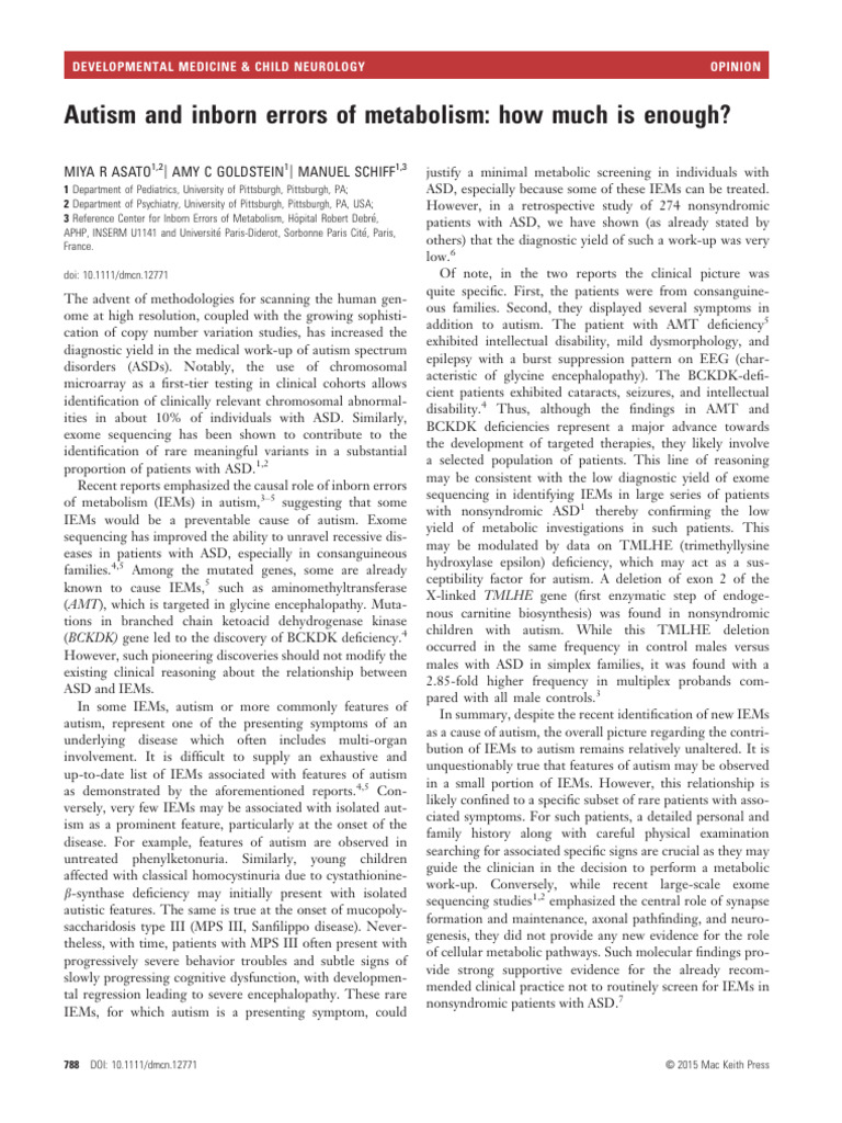 Autism and Inborn Errors of Metabolism How Much Is Enough | PDF ...