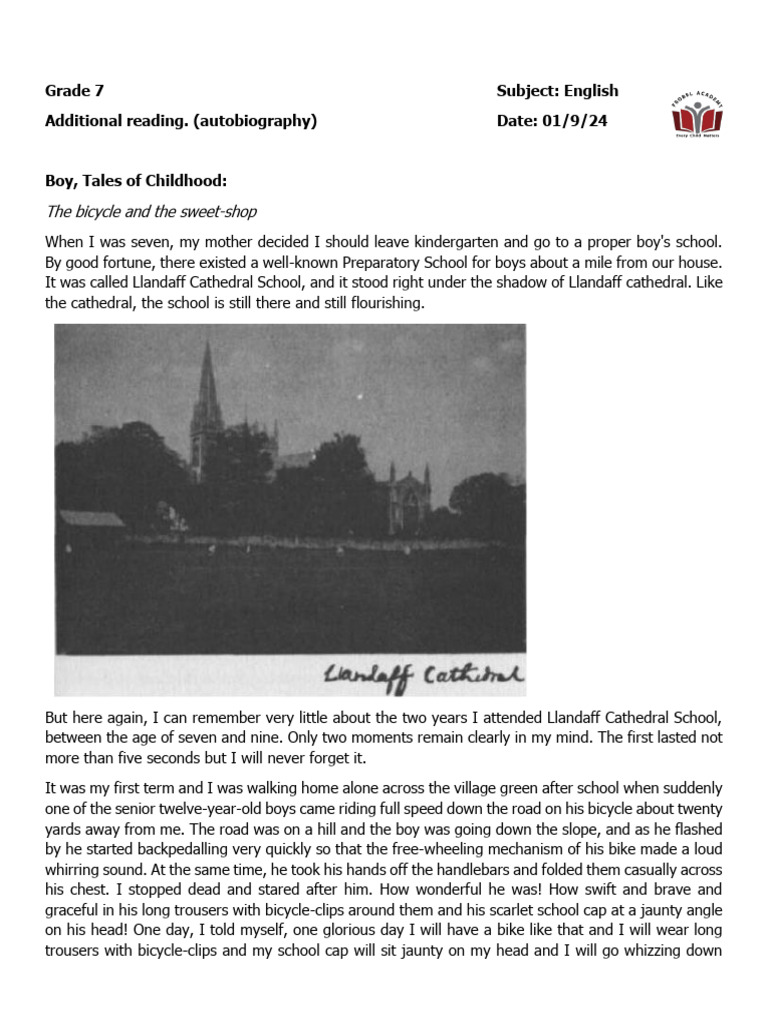 Grade 7 Subject: English Additional Reading. (Autobiography) Date: 01/9 ...