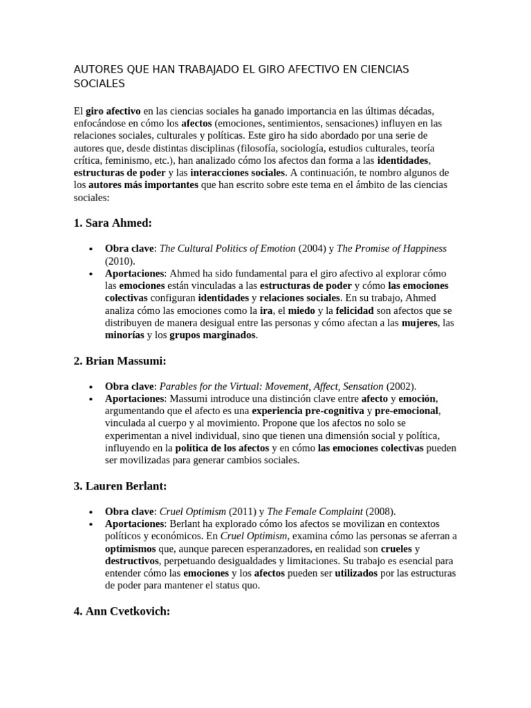 Autores Que Han Trabajado El Giro Afectivo en Ciencias Sociales | PDF ...